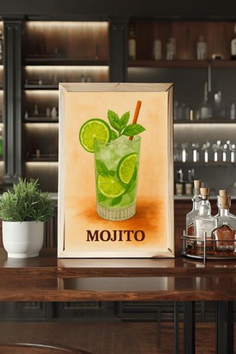 Mojito Cocktail Poster | Mint Lime Bar Art Print | Retro Kitchen Decor ...
