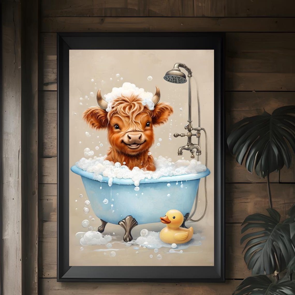 Highland Cow Bathtub PNG, Cute Farm Animal Bathroom Wall Art, Bubble ...