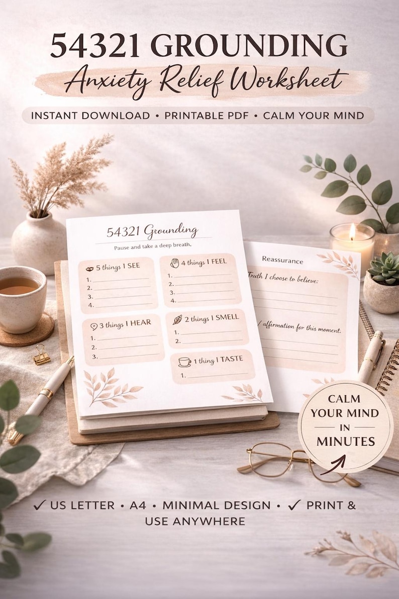 54321 Grounding Exercise Printable | Anxiety Relief Worksheet | 5-4-3-2 ...