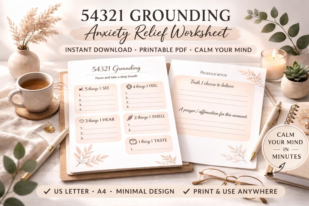 54321 Grounding Exercise Printable | Anxiety Relief Worksheet | 5-4-3-2 ...