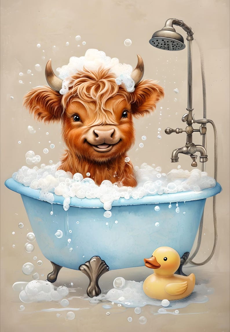 Highland Cow Bathtub PNG, Cute Farm Animal Bathroom Wall Art, Bubble ...
