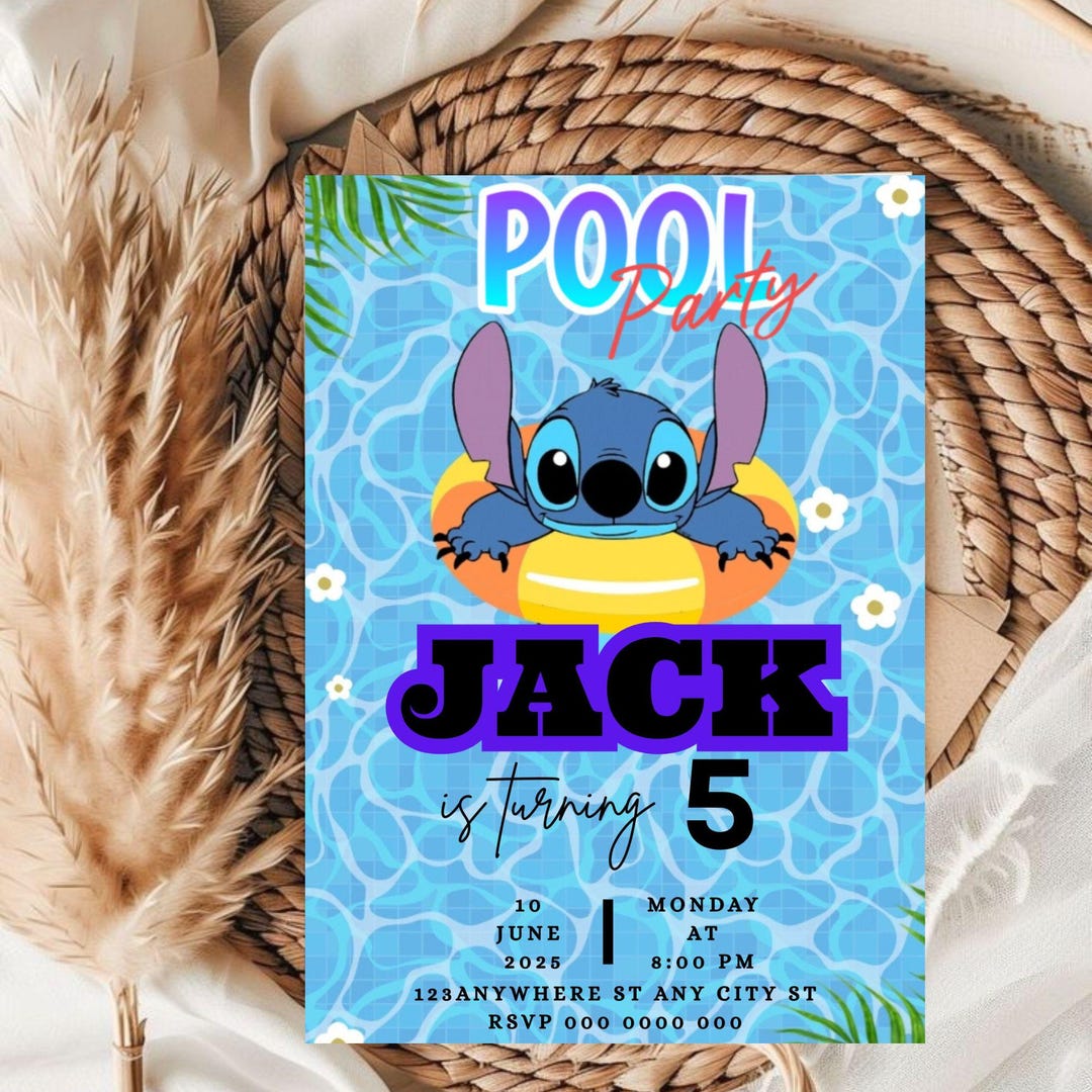 Editable Stitch Pool Birthday Party Invitation Template ( 5x7 ) Digital ...