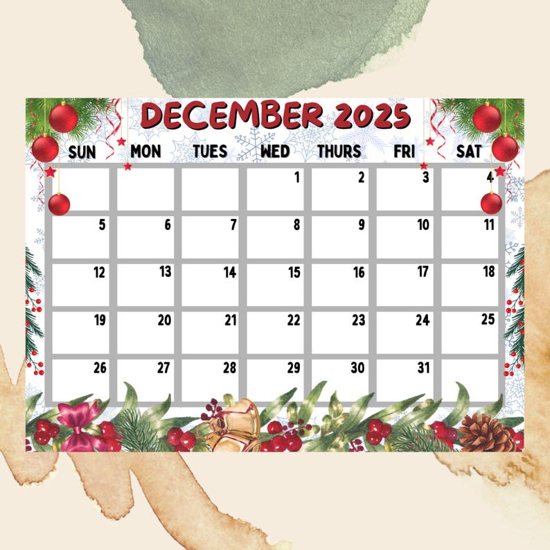 Editable December 2025 Calendar Template ( Digital Downloadable Product ...