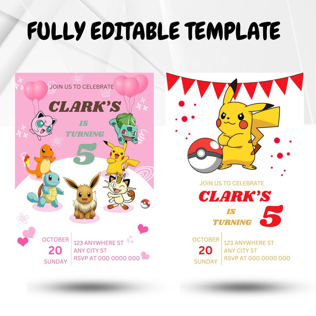 Editable Pokemon Birthday Invitation Template / Pokemon Birthday ...