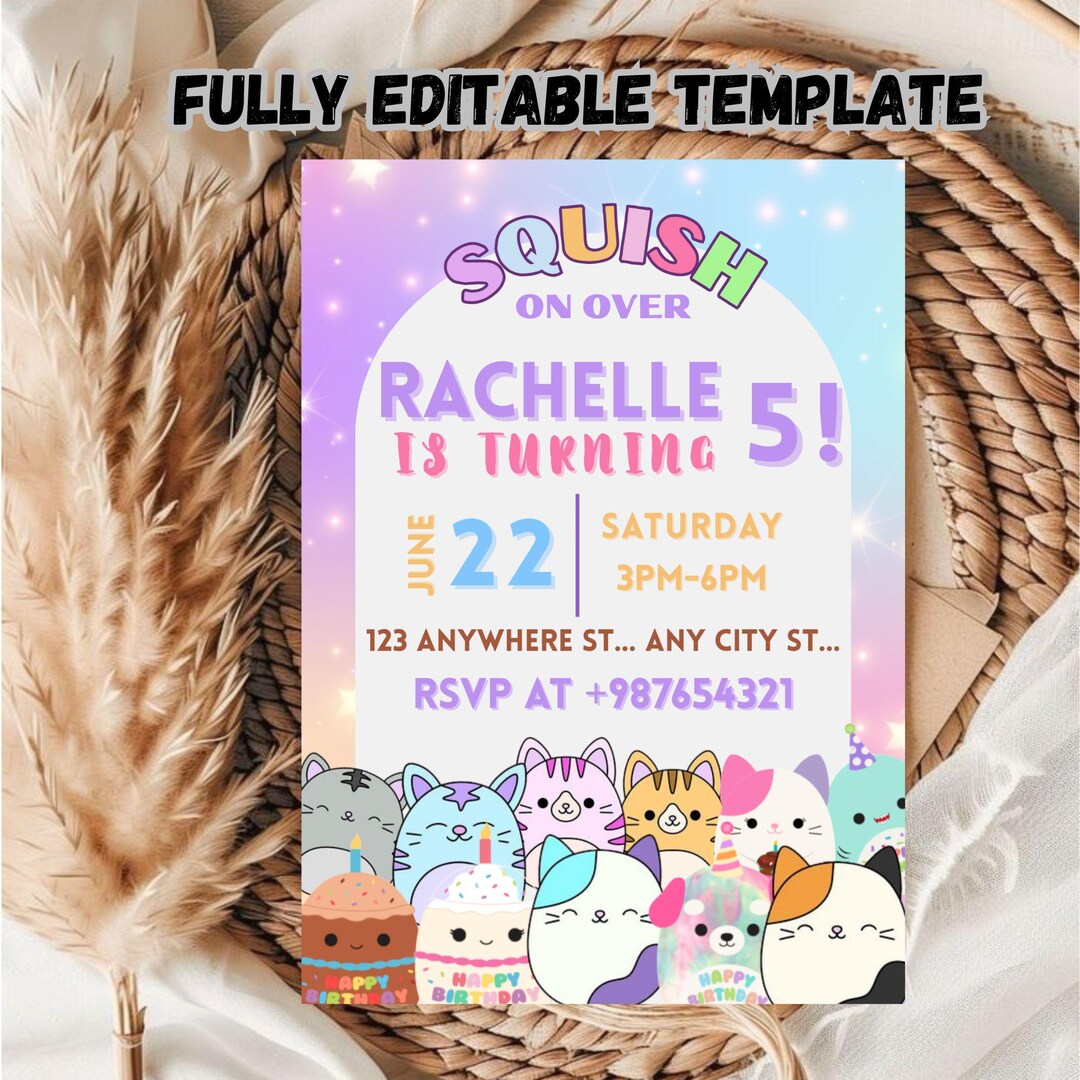 Editable Squishmallow Birthday Invitation Template: Canva PDF (5x7 ...