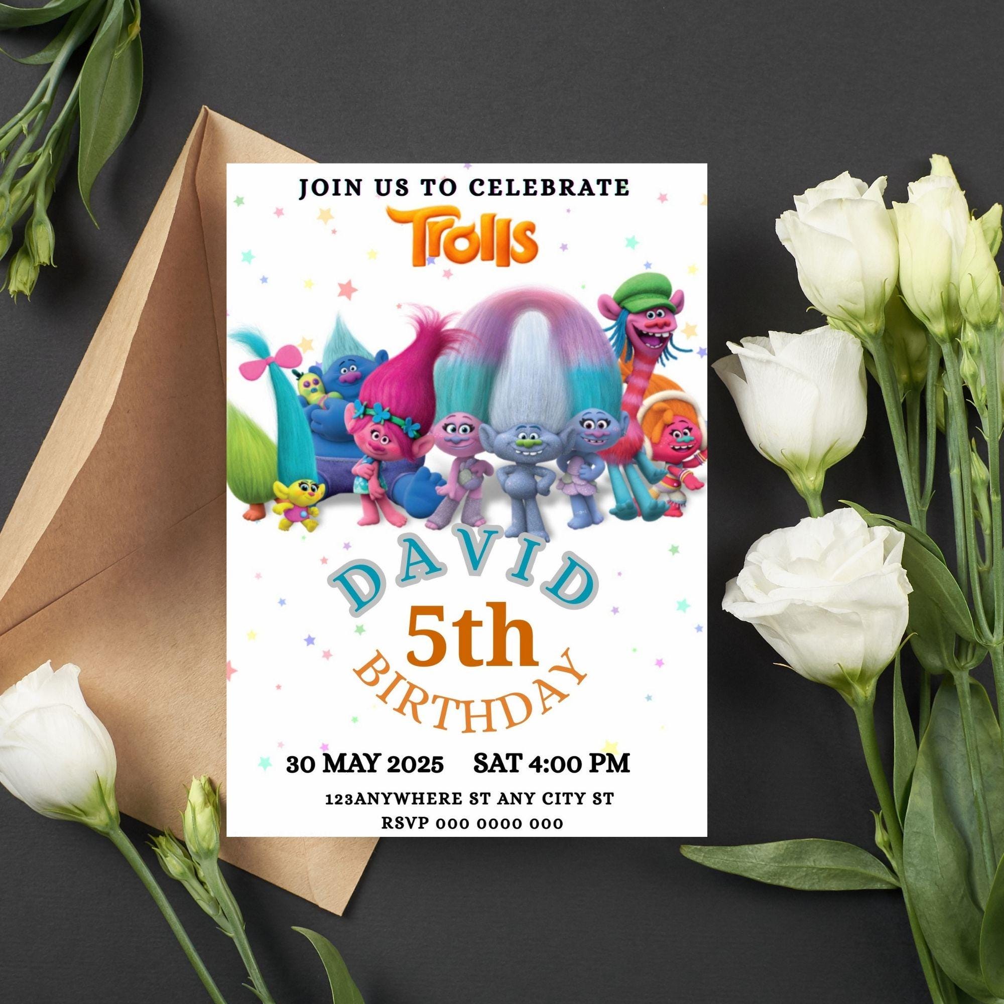 Editable Troll Birthday Invitation Template: Kids Party (digital ...