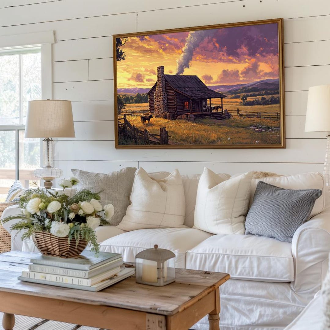 Lone Frontier Homestead at Sunset, Western Landscape Painting, Pioneer ...