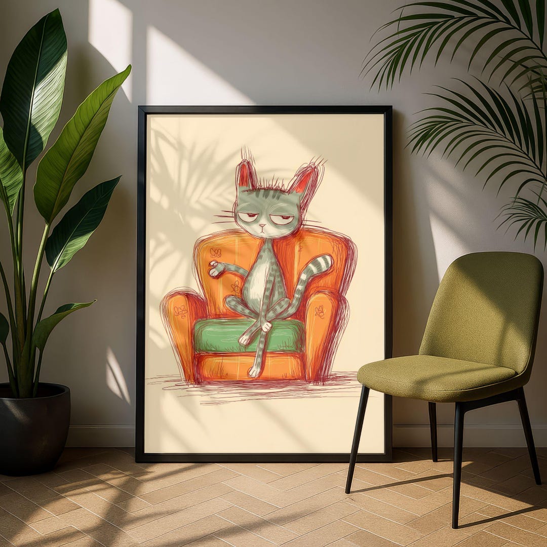Whimsical Grumpy Cat Poster, Mid Century Cartoon Cat on Armchair, Cute ...