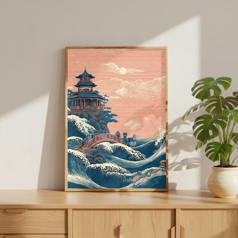 Ukiyo-e Wave Poster, Japanese Pagoda Seascape, Sunset Temple Wall Art ...