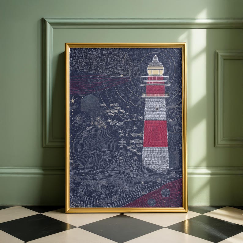 Lighthouse Wall Art: Starry Night Illustration - Red, Navy, Cozy Style ...
