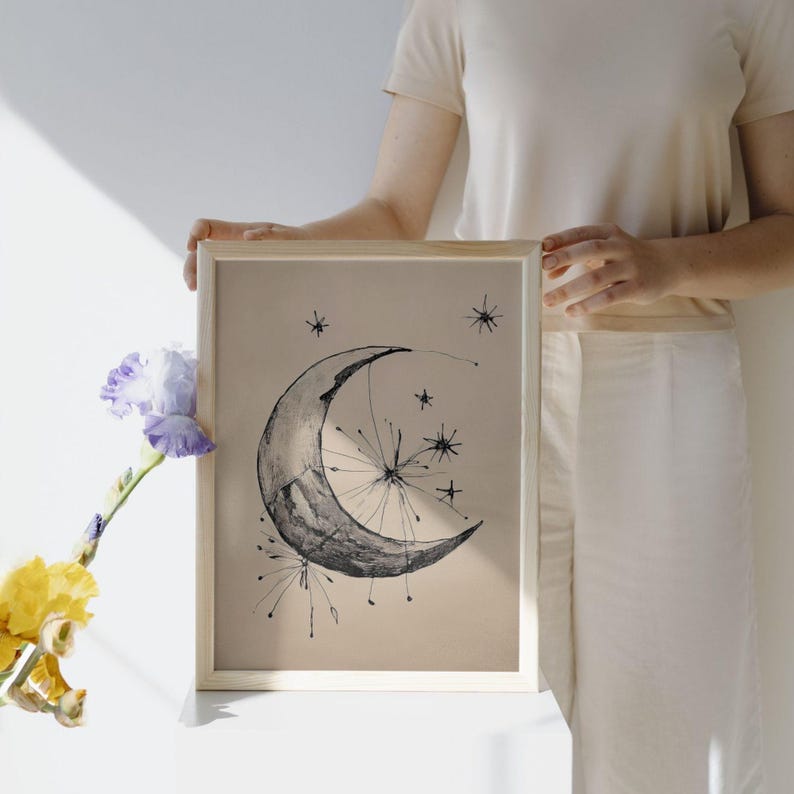 Crescent Moon Printable Wall Art, Minimalist Boho Celestial Wall Decor ...