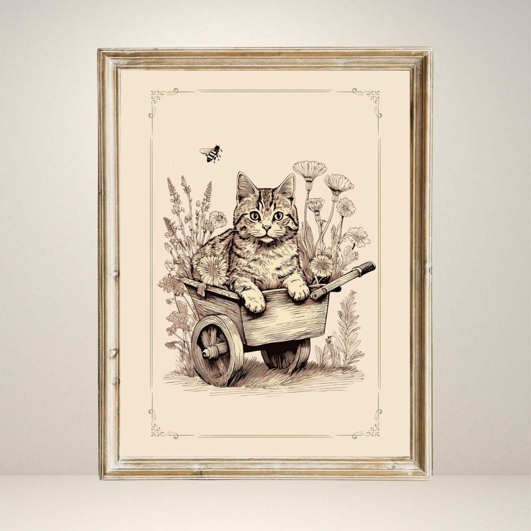 Vintage Kitten in Wheelbarrow Print, Cottagecore Cat Wall Art ...