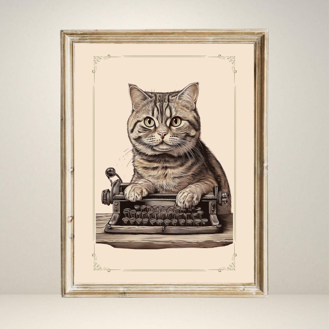 Vintage Typewriter Cat Art Print – Funny Writing Cat Wall Decor ...