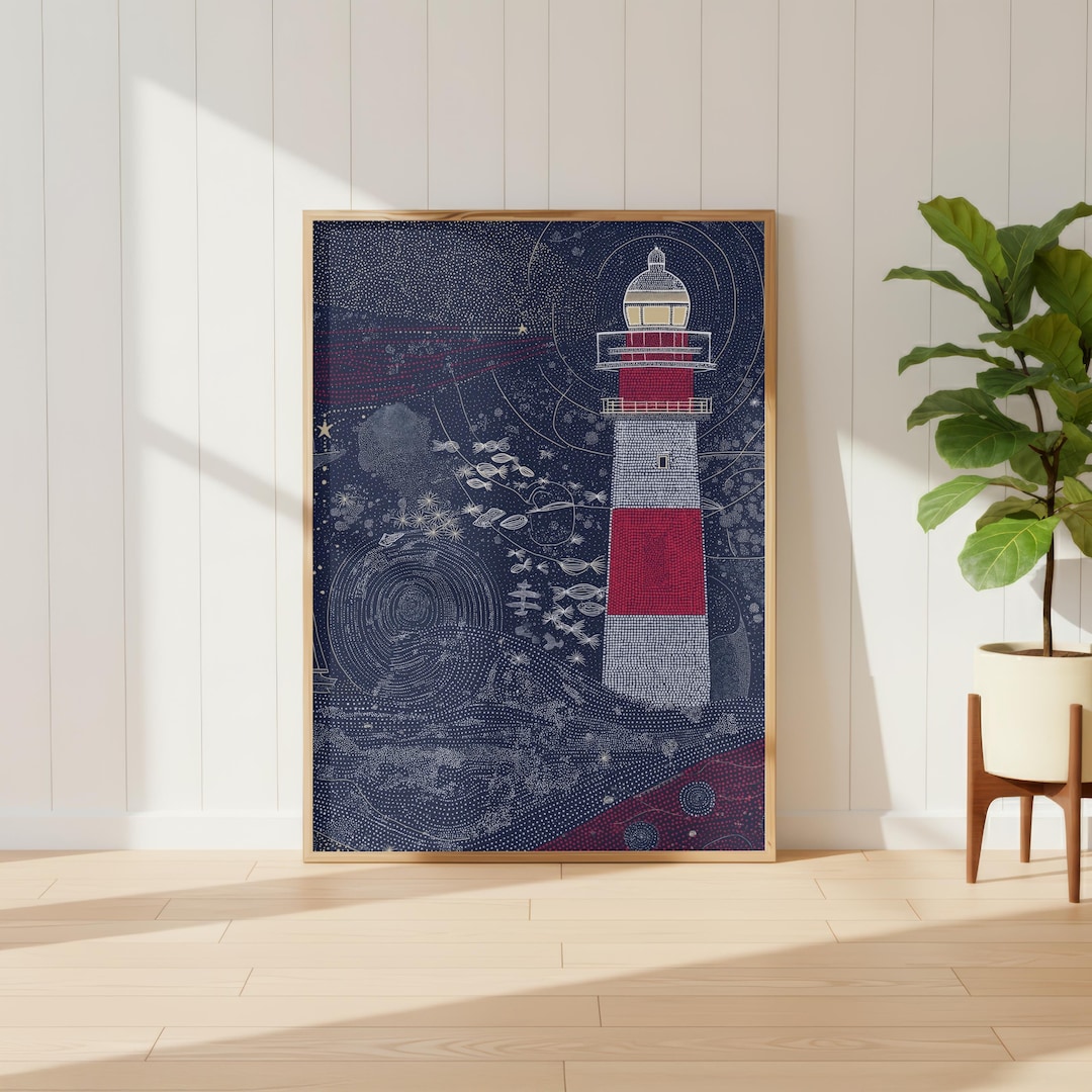 Lighthouse Wall Art: Starry Night Illustration - Red, Navy, Cozy Style ...