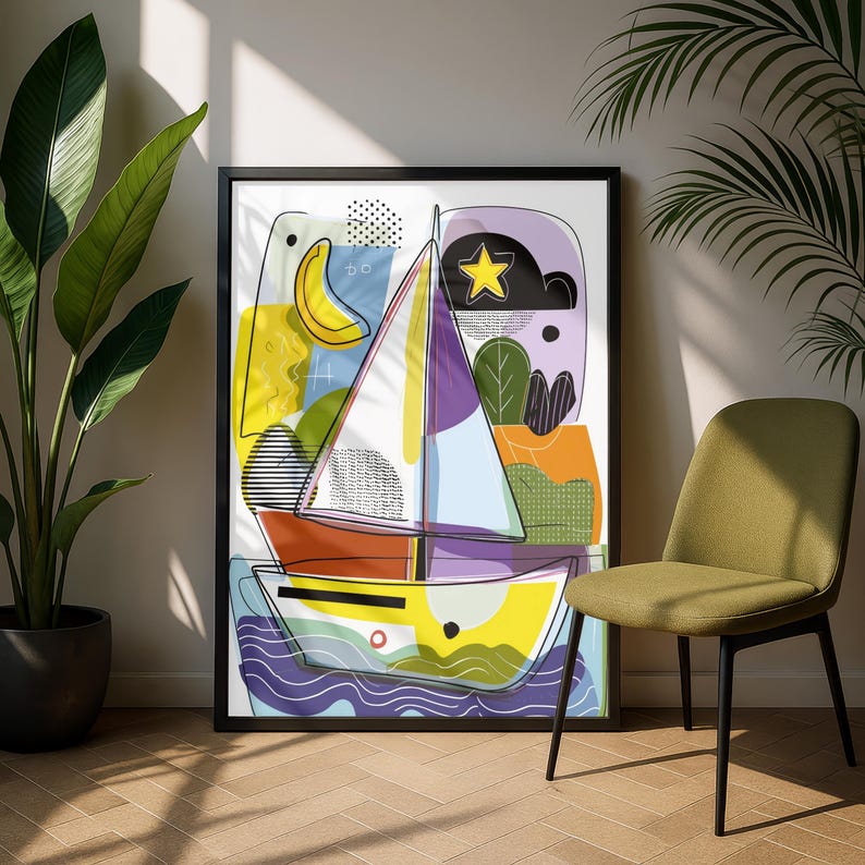 Sailboat Abstract Art: Vibrant Geometric Nautical Print (mid Century ...