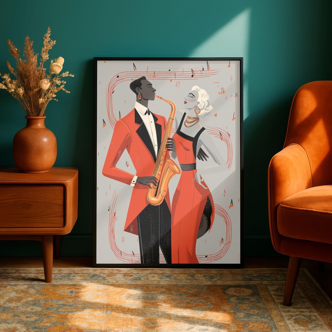 Art Deco Jazz Couple Poster, Elegant Music Illustration, Vintage ...