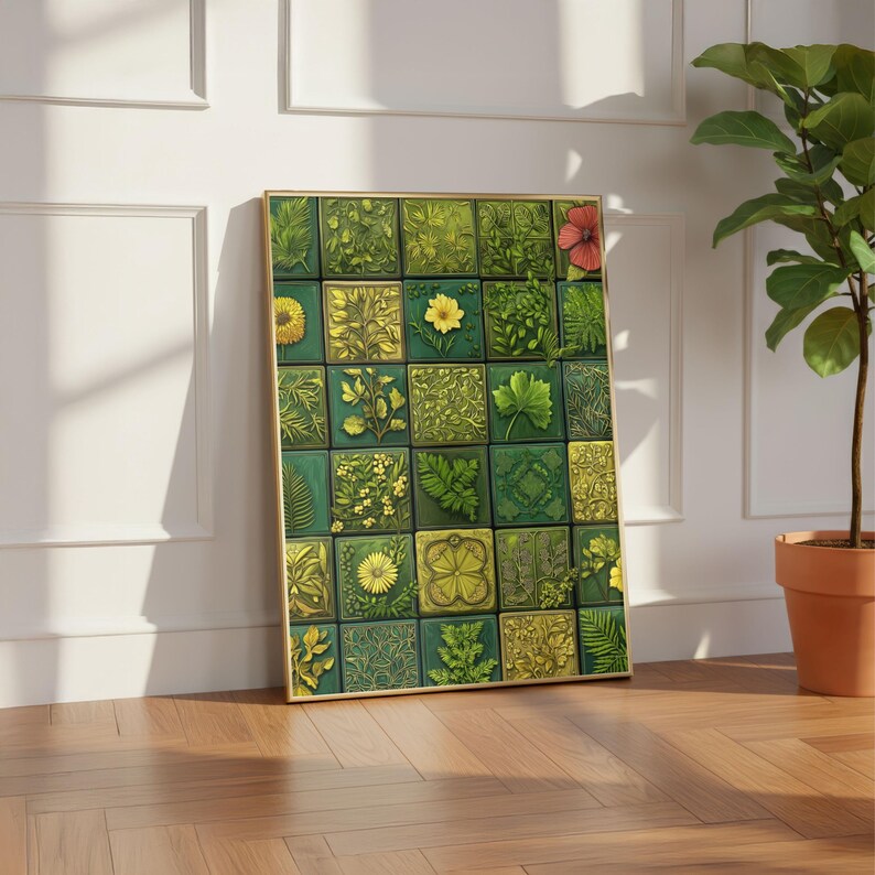 Botanical Tile Art Print, Floral Grid Wall Decor, Green Sage Nature ...