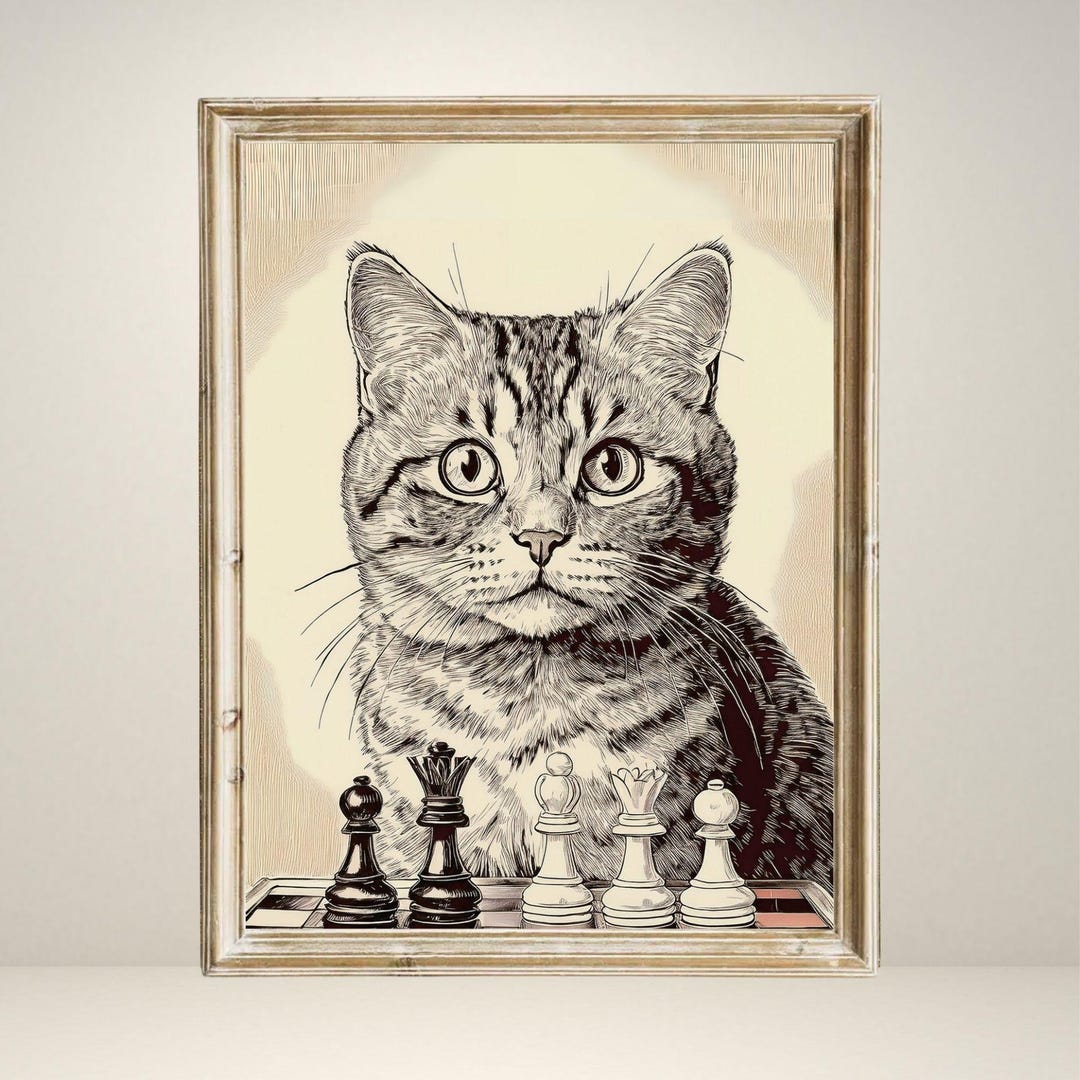 Vintage Chess Cat Art Digital Print - Cute Tabby Cat Illustration With ...
