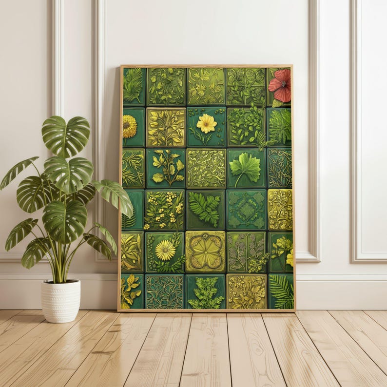 Botanical Tile Art Print, Floral Grid Wall Decor, Green Sage Nature ...