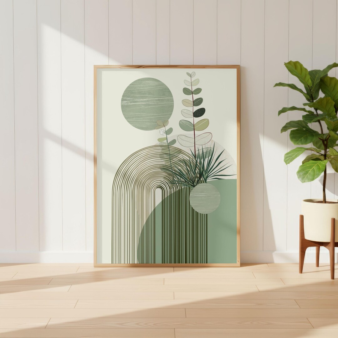 Sage Green Boho Wall Art, Abstract Botanical Arch Print, Mid Century ...