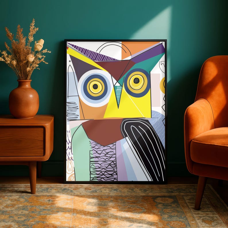 Picasso Owl Art Print, Abstract Cubist Bird Wall Decor, Geometric ...