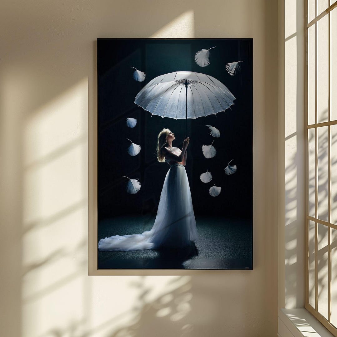 Ethereal Bride Under Umbrella Poster, Floating White Feathers, Dark ...