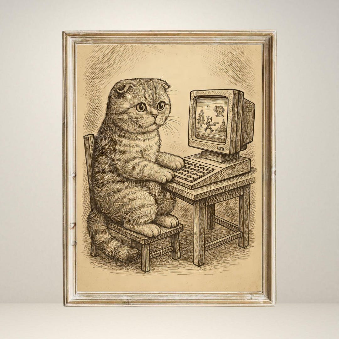 Retro Cat Computer Art Print, Funny Kitten Office Wall Decor, Vintage ...