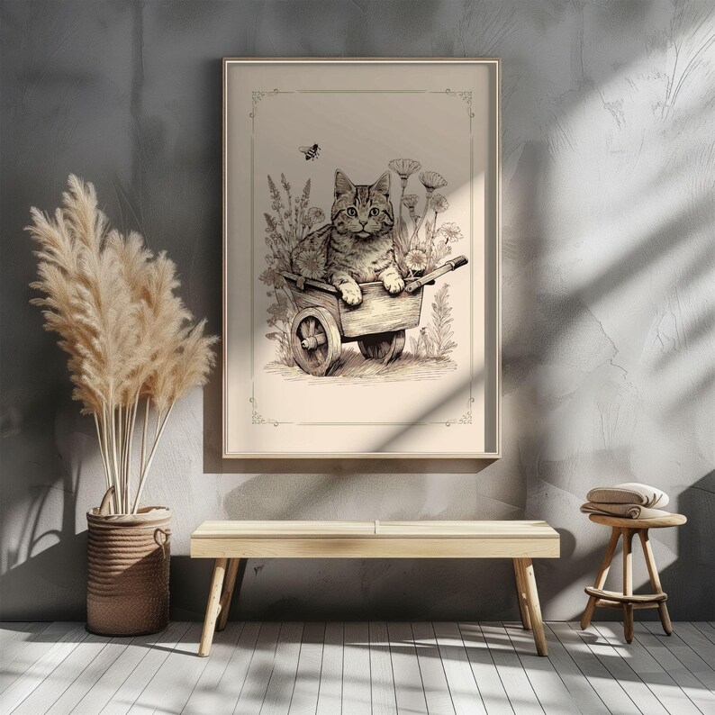 Vintage Kitten in Wheelbarrow Print, Cottagecore Cat Wall Art ...