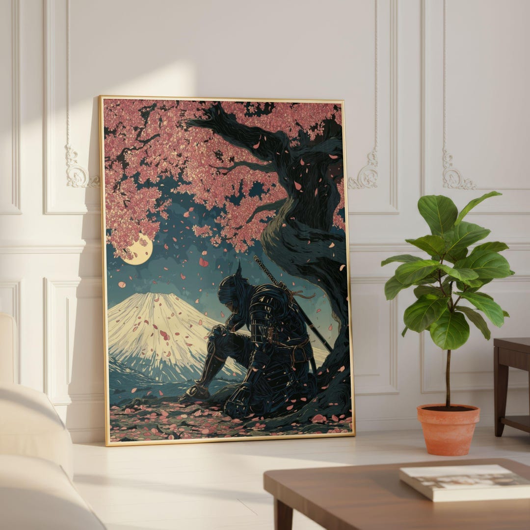 Samurai Under Cherry Blossoms Poster, Moonlit Japan Landscape Wall Art ...