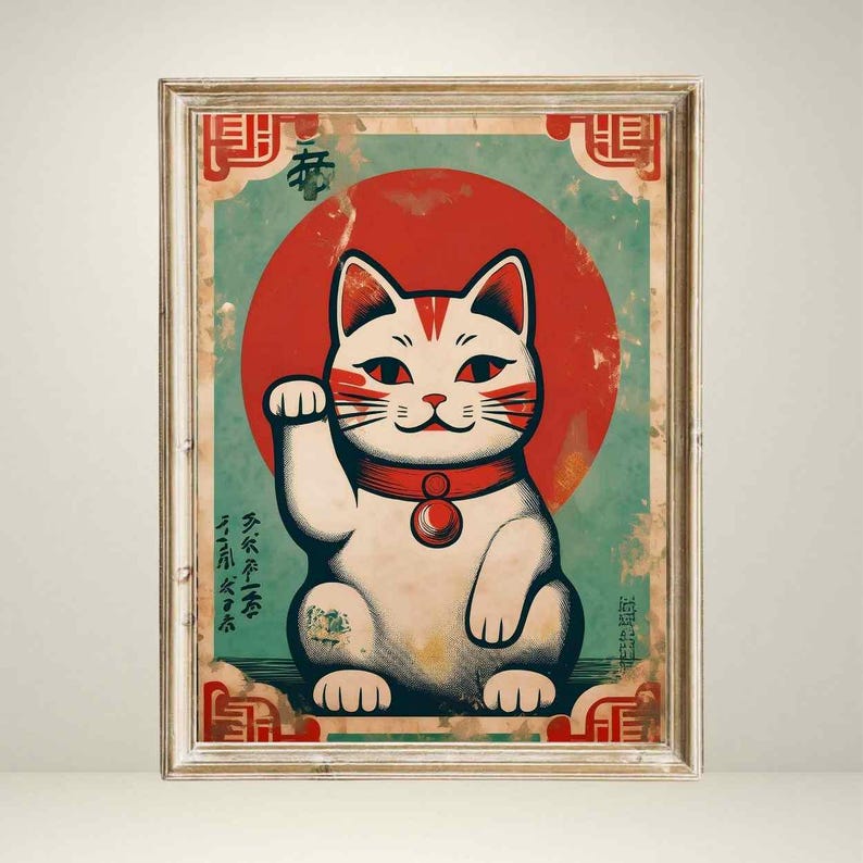 Traditional Maneki Neko Cat Print | Japanese Lucky Cat Poster, Retro ...