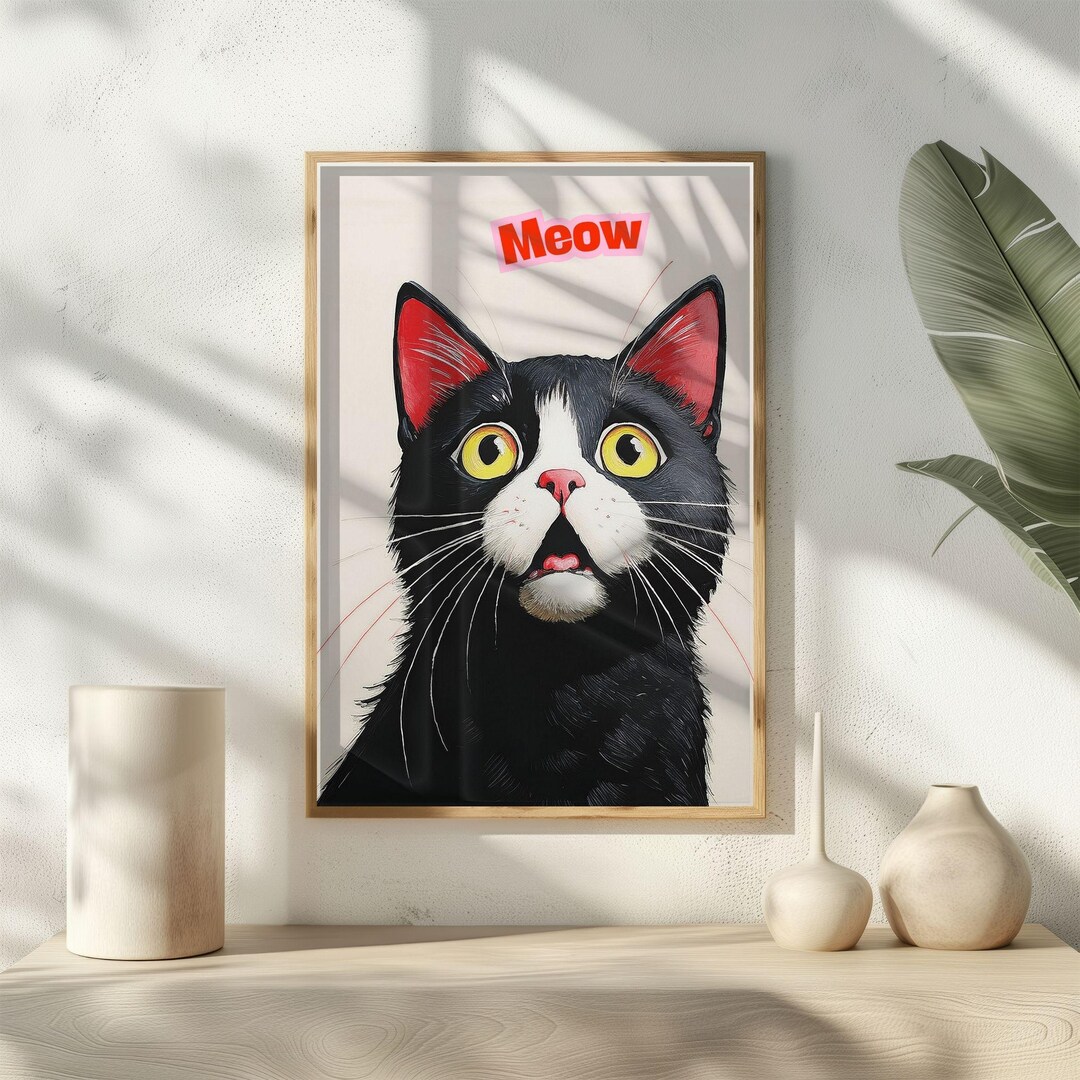 Funny Meow Black Cat Poster, Cute Wide-eyed Kitty Wall Art, Pop Cartoon ...