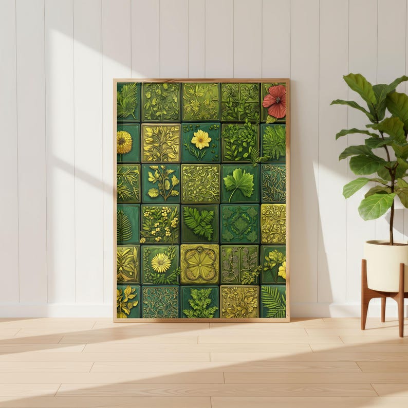 Botanical Tile Art Print, Floral Grid Wall Decor, Green Sage Nature ...
