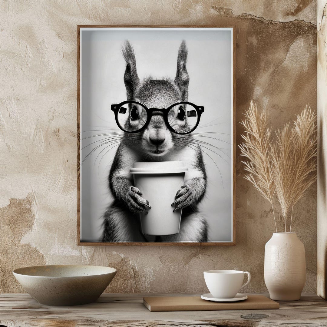 SQUIRREL Cute Animal Drinking Coffee Wall Art, Black and White Print, Coffee Lover Print, Gift ...