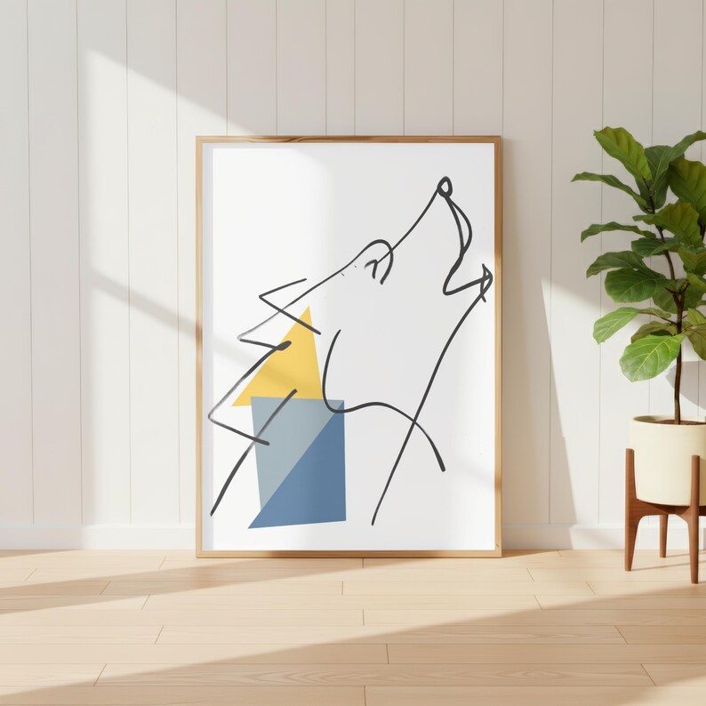 Abstract Wolf Line Art Print, Picasso Style, Geometric Accents (modern ...