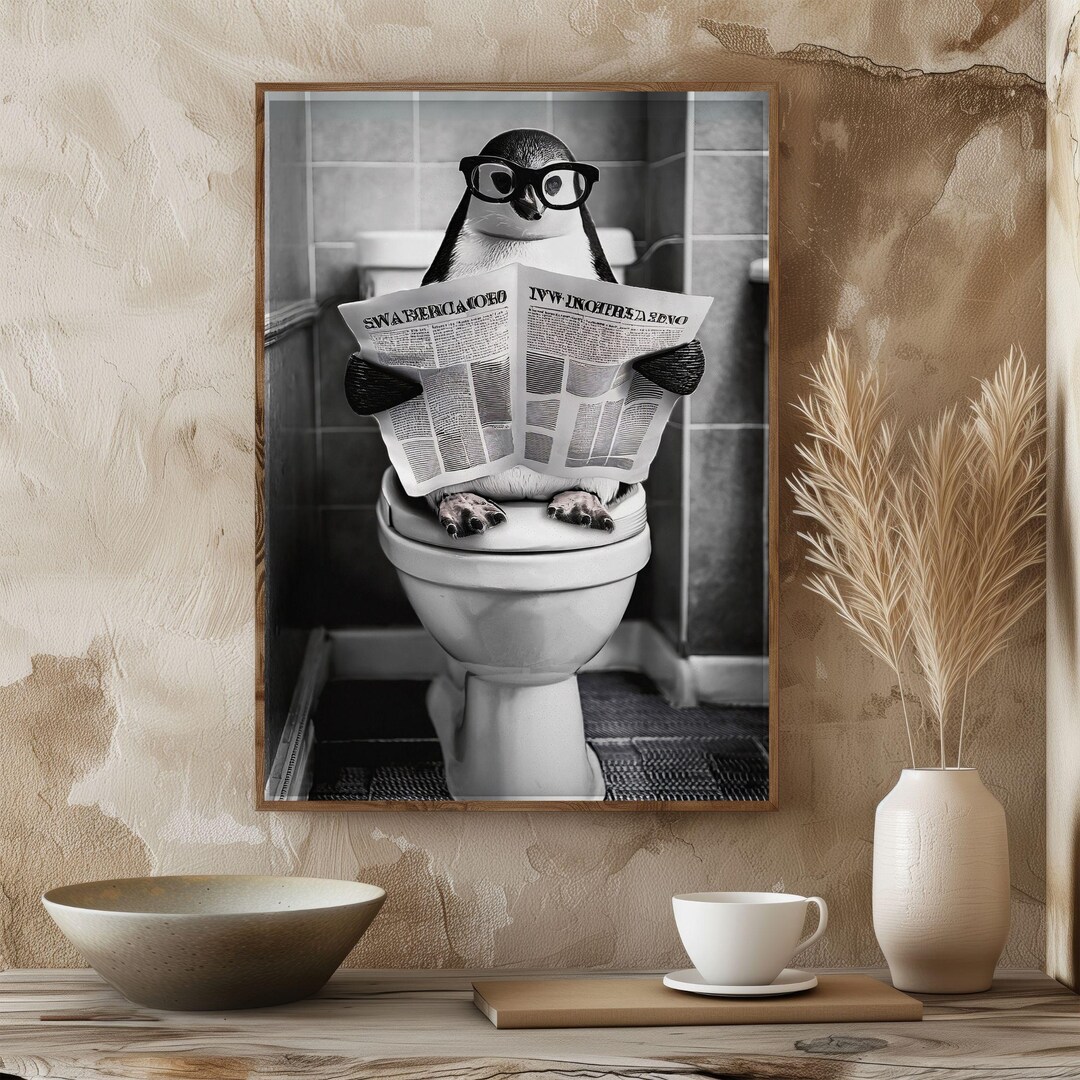 Penguin Sitting on Toilet Wall Art, Penguin Reading Newspaper, Black ...