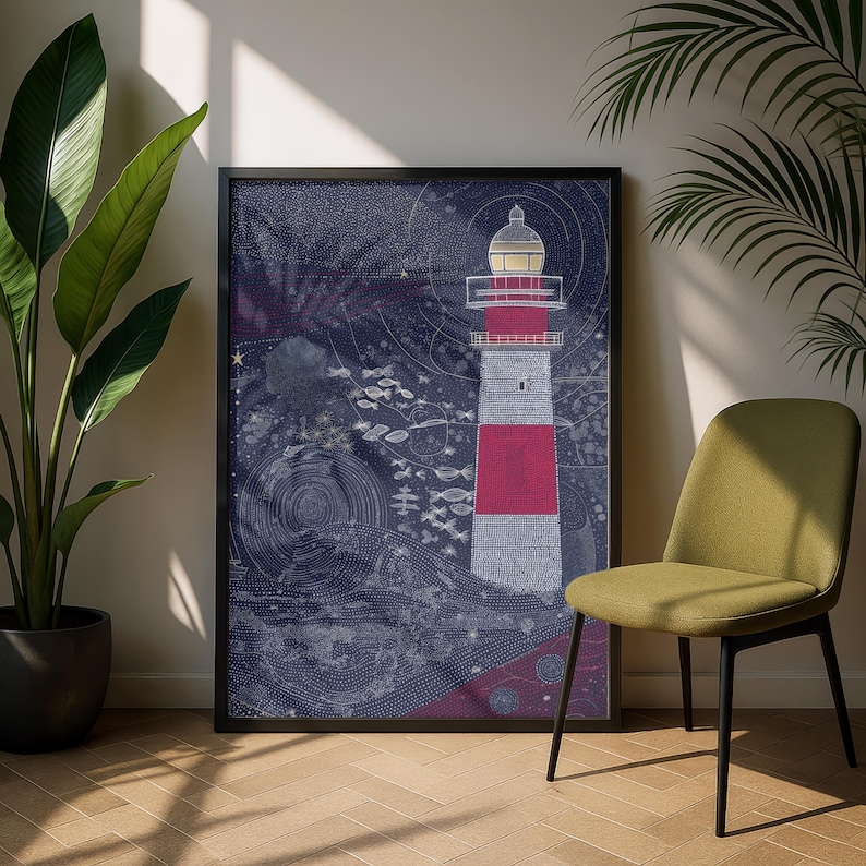Lighthouse Wall Art: Starry Night Illustration - Red, Navy, Cozy Style ...