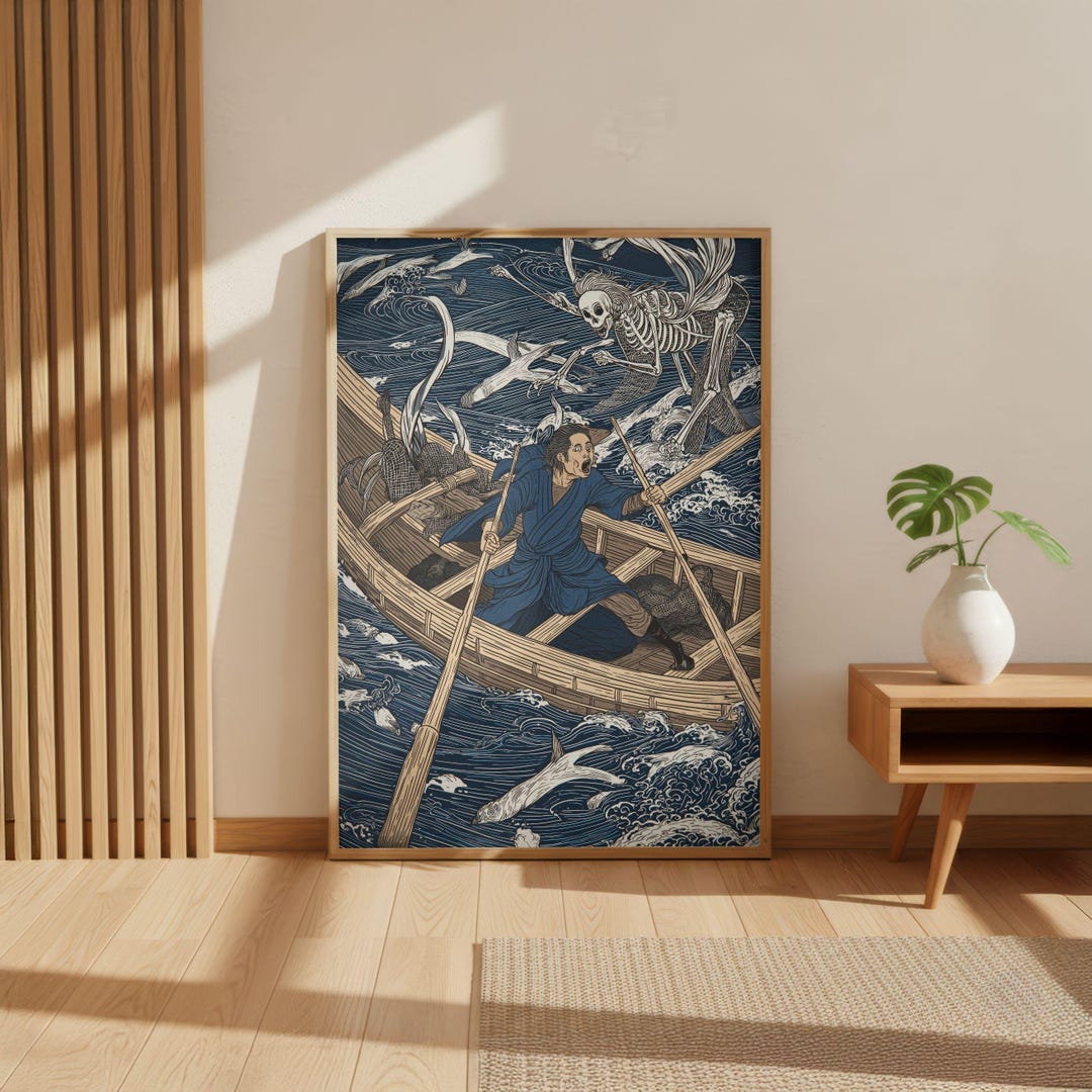 Ukiyo-e Skeleton Yokai Poster, Japanese Wave Boat Scene, Dark Samurai ...