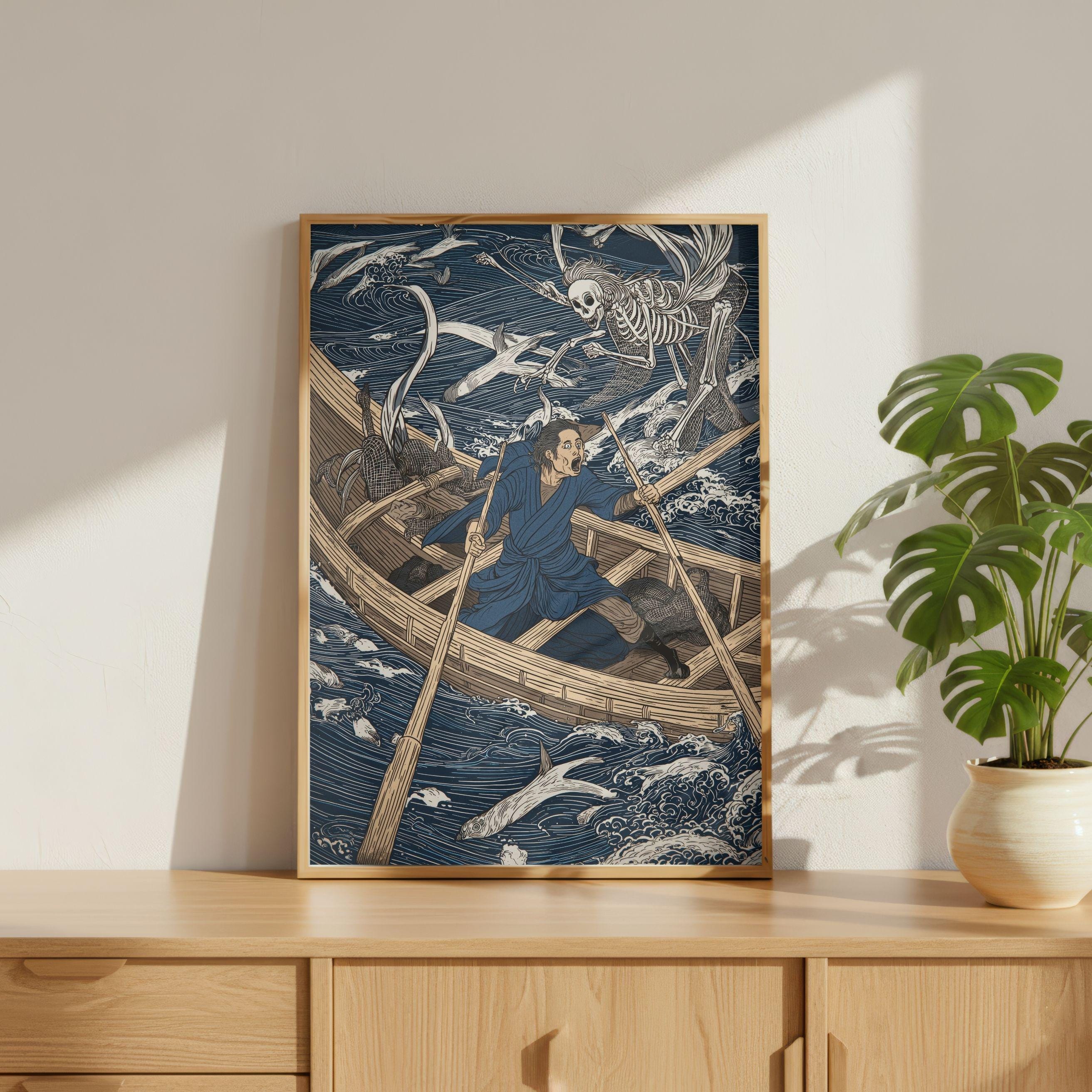Ukiyo-e Skeleton Yokai Poster, Japanese Wave Boat Scene, Dark Samurai ...