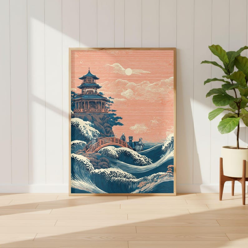 Ukiyo-e Wave Poster, Japanese Pagoda Seascape, Sunset Temple Wall Art ...