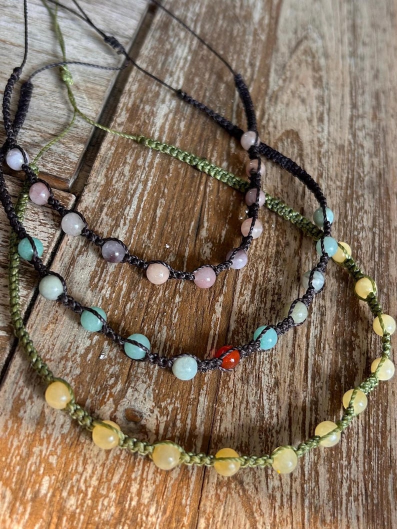 Earthy Macrame Beaded Choker - Boho Hippie Jewelry - Customizable Stone ...
