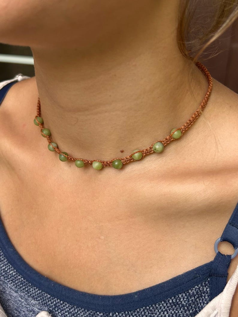 Earthy Macrame Beaded Choker - Boho Hippie Jewelry - Customizable Stone ...