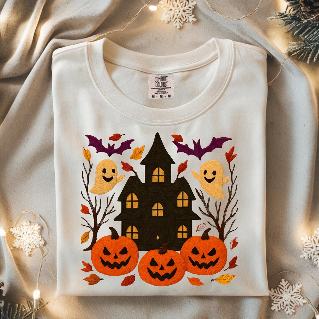 Halloween Haunted House Embroidery Effect Shirt | Cute Ghosts, Pumpkins ...