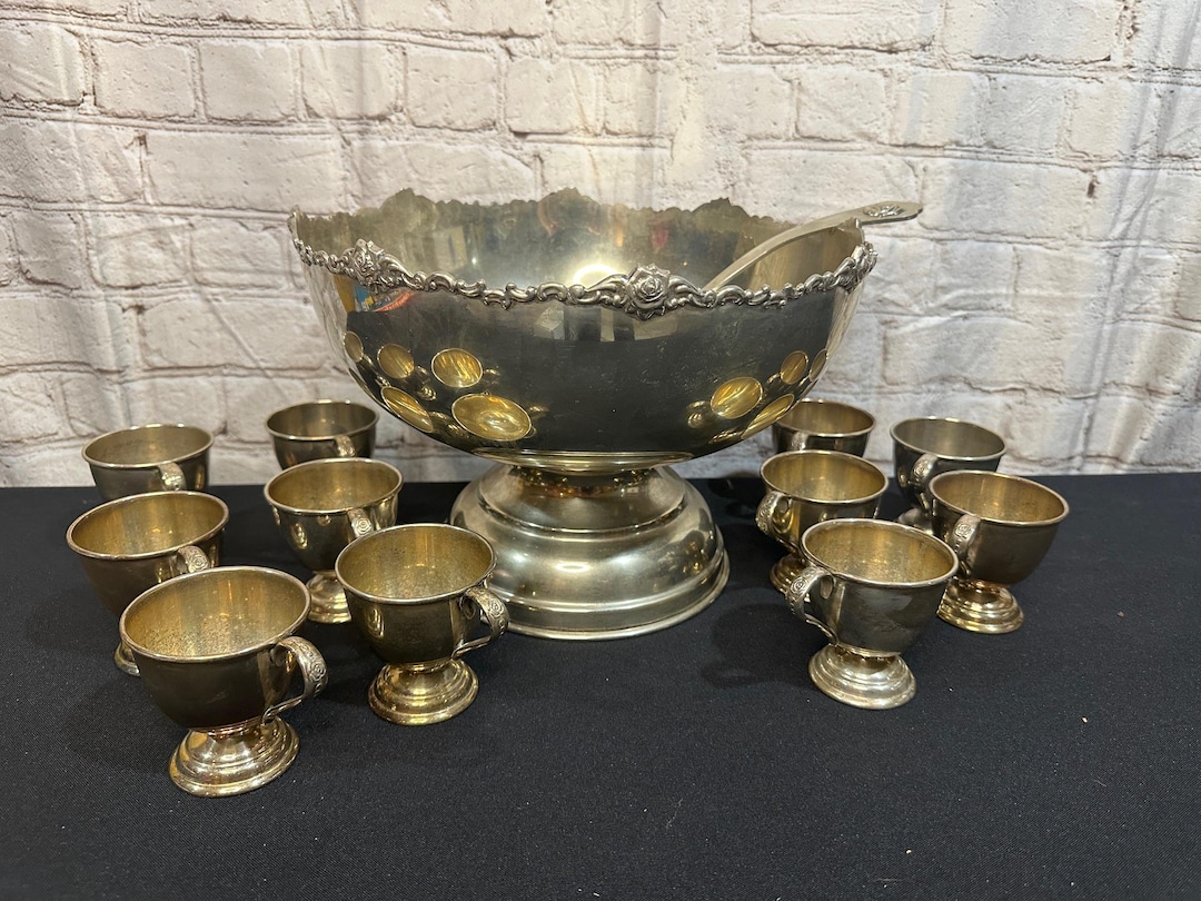 Vintage E.P. Nickel Silver Punch Bowl Set, Bowl, 11cups and Ladle ...