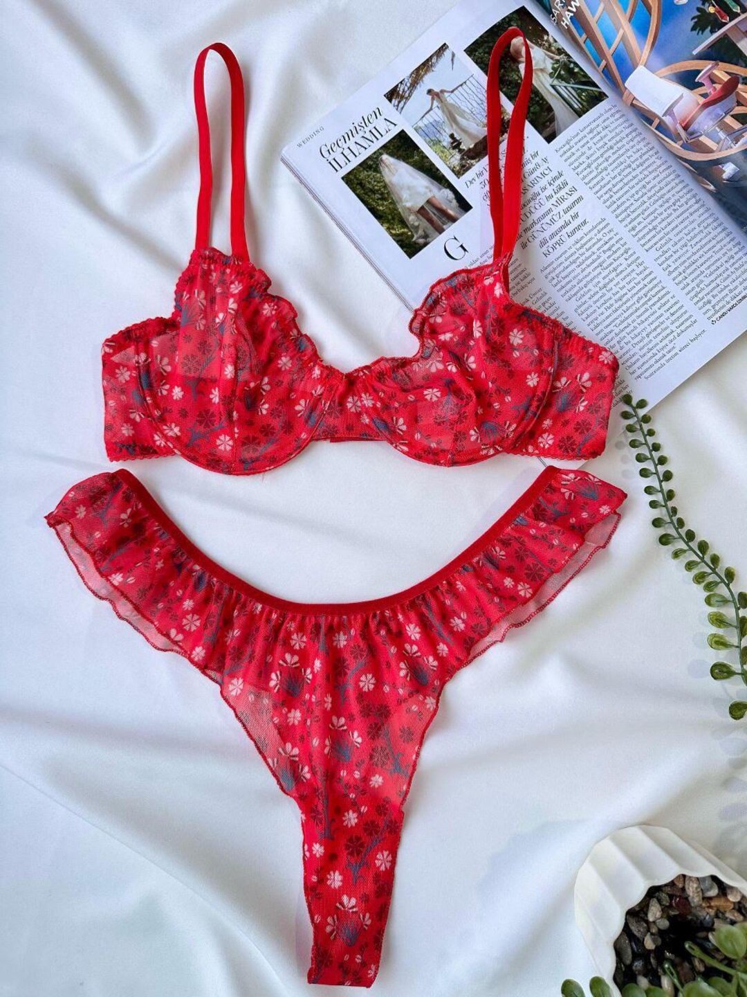 Transparent Floral Lingerie Set, Plus Size Bra and Panties, Custom ...