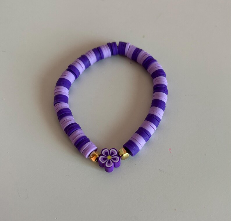 Purple Flower Clay Bead Bracelet - Etsy