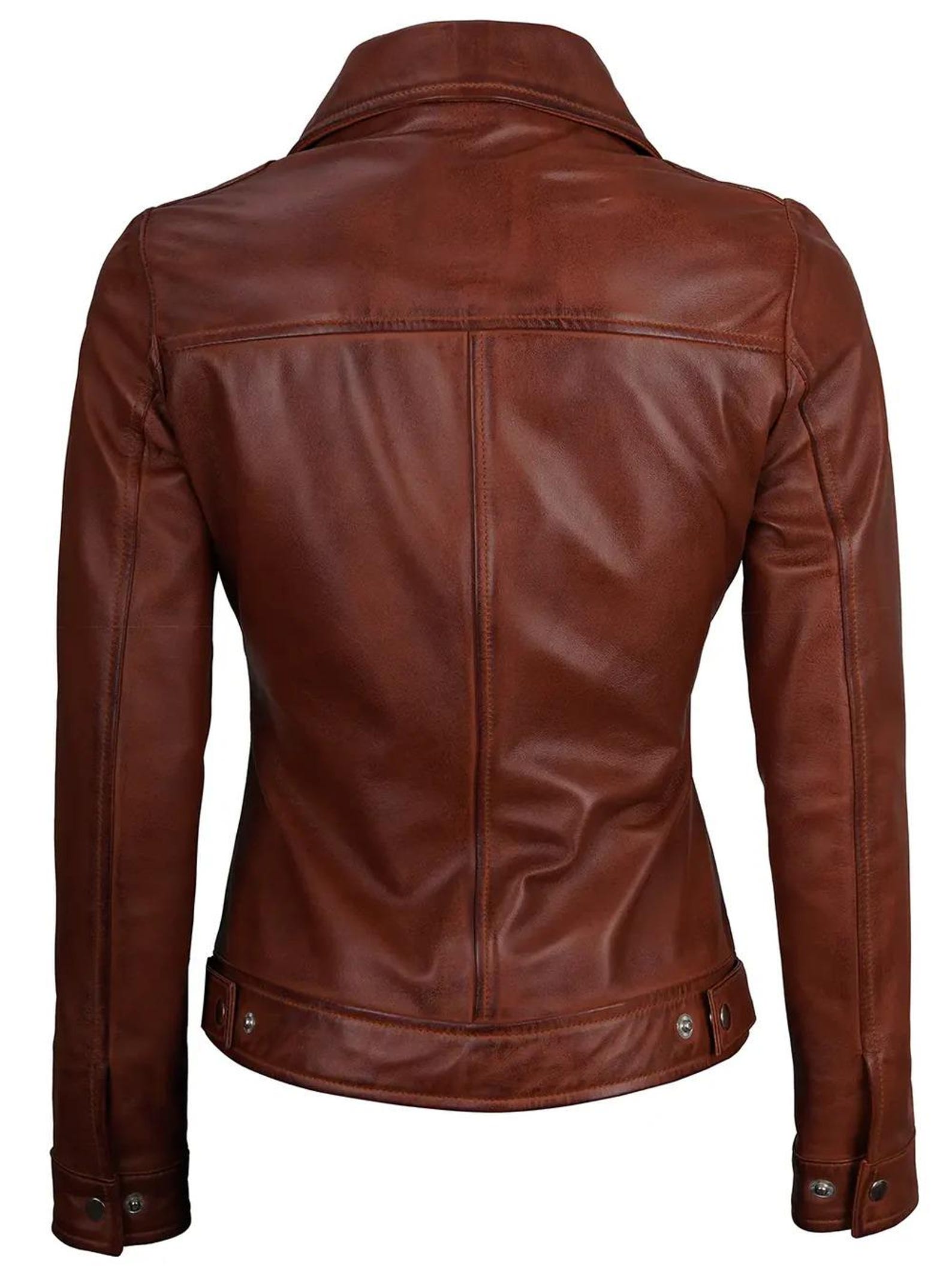 Women Brown Leather Jacket - Classic Biker Style, Genuine Leather, Zip ...