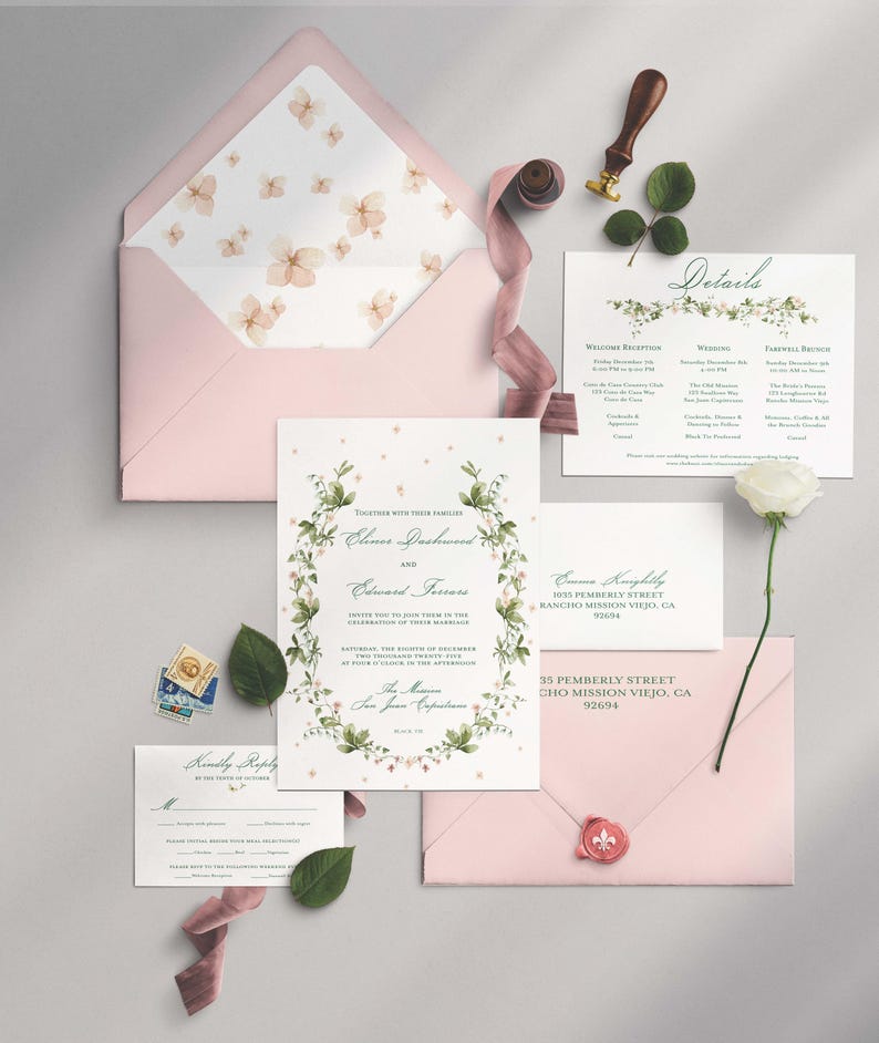 The Elinor Wedding Invitation Suite, Pale Pink Hydrangea Blossoms ...
