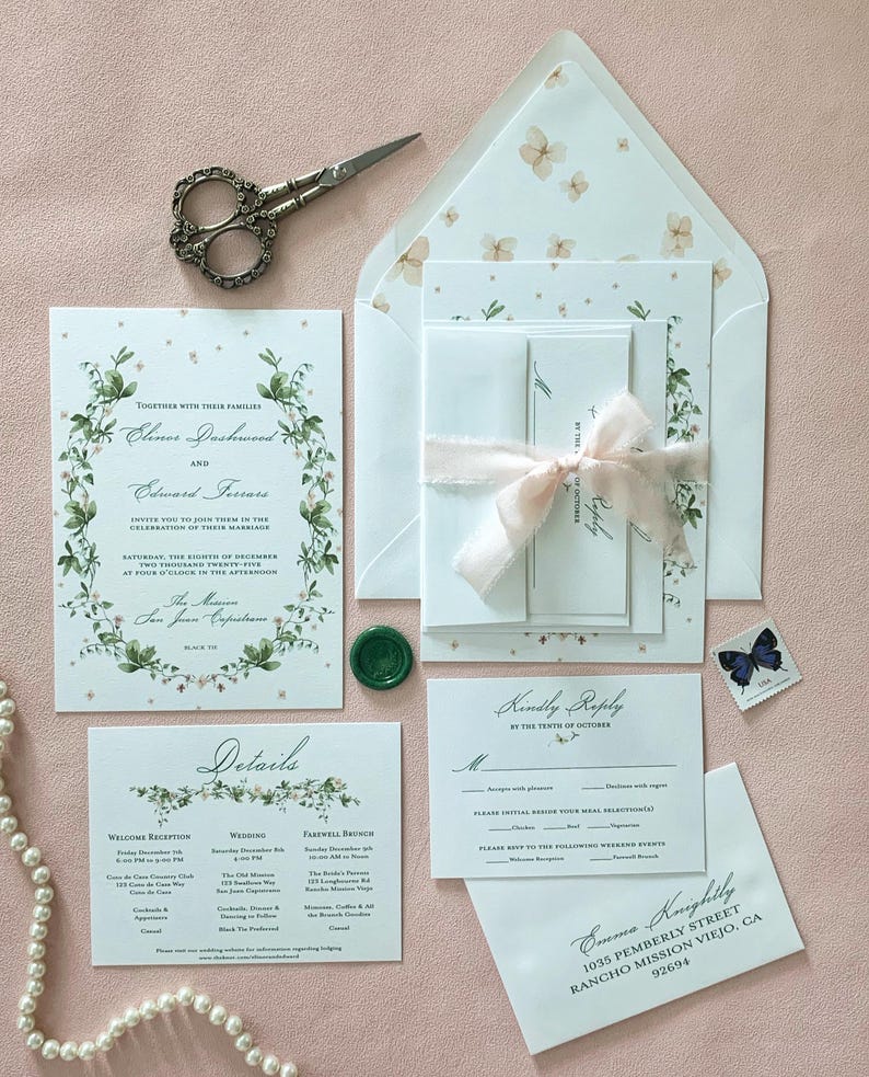The Elinor Wedding Invitation Suite, Pale Pink Hydrangea Blossoms ...
