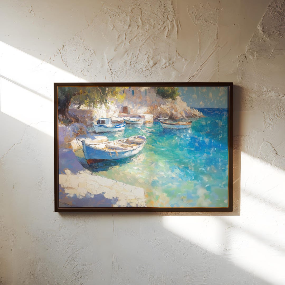 Mediterranean Boat Dock Art Print: Coastal Greece Seaside Painting - Etsy