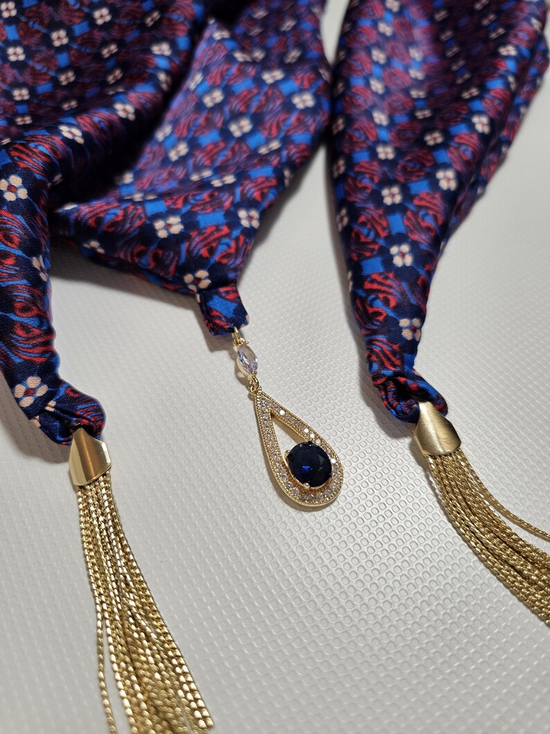 Blue Satin Triangle Scarf With Gold Pendant – Handmade Silky Satin ...